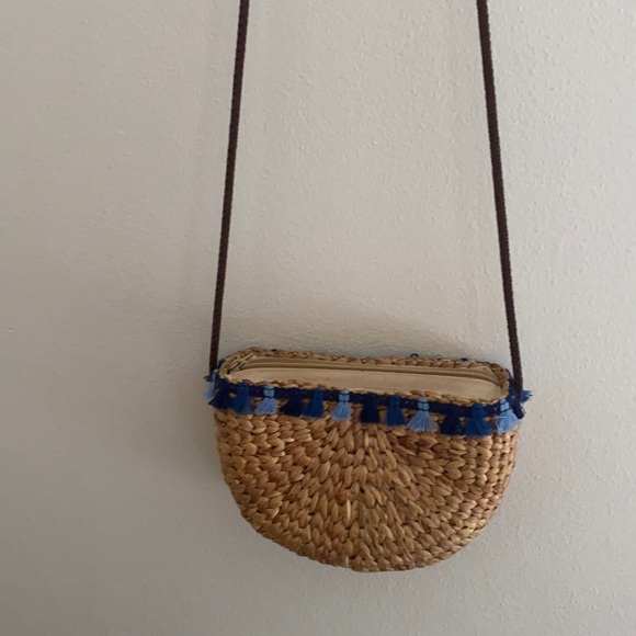 Handmade | Bags | Wicker Woven Mini Bag With Blue Pom Poms Coastal ...